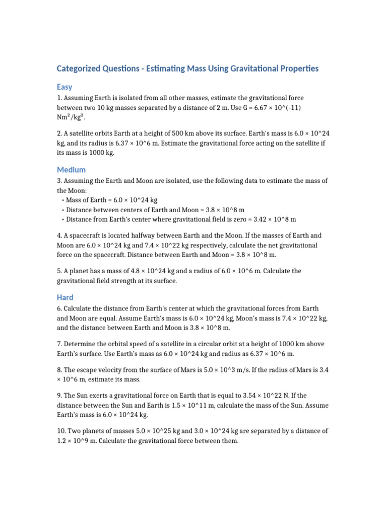 Categorized Mass Estimation Questions | PDF