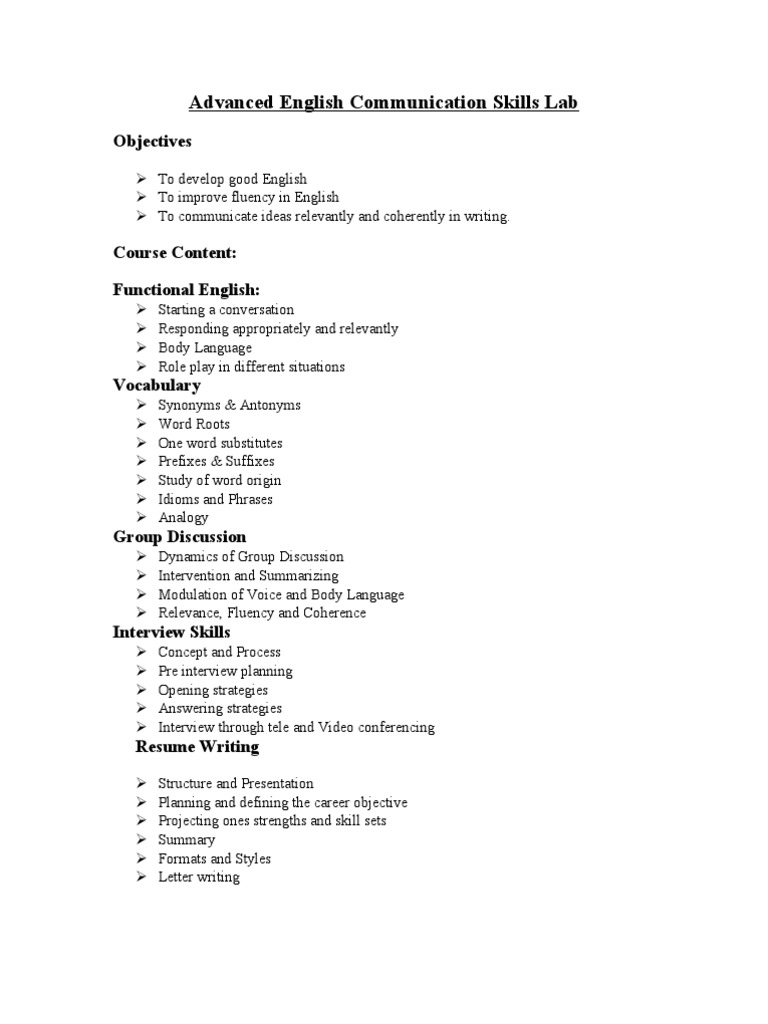 Advanced English Communication Skills Lab: Objectives | PDF | Public ...