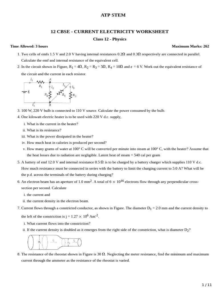 CBSE Class 12 Current Electricity Worksheet | PDF | Voltage | Resistor