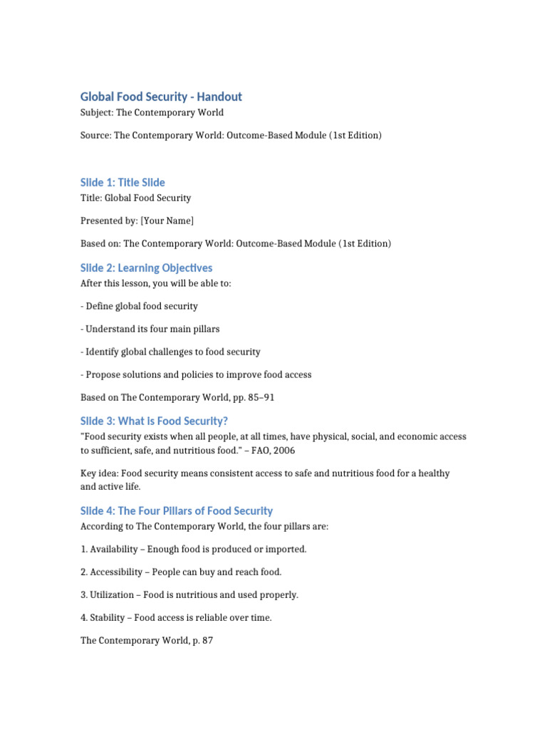 Global Food Security Handout | PDF | Food Security | Hunger