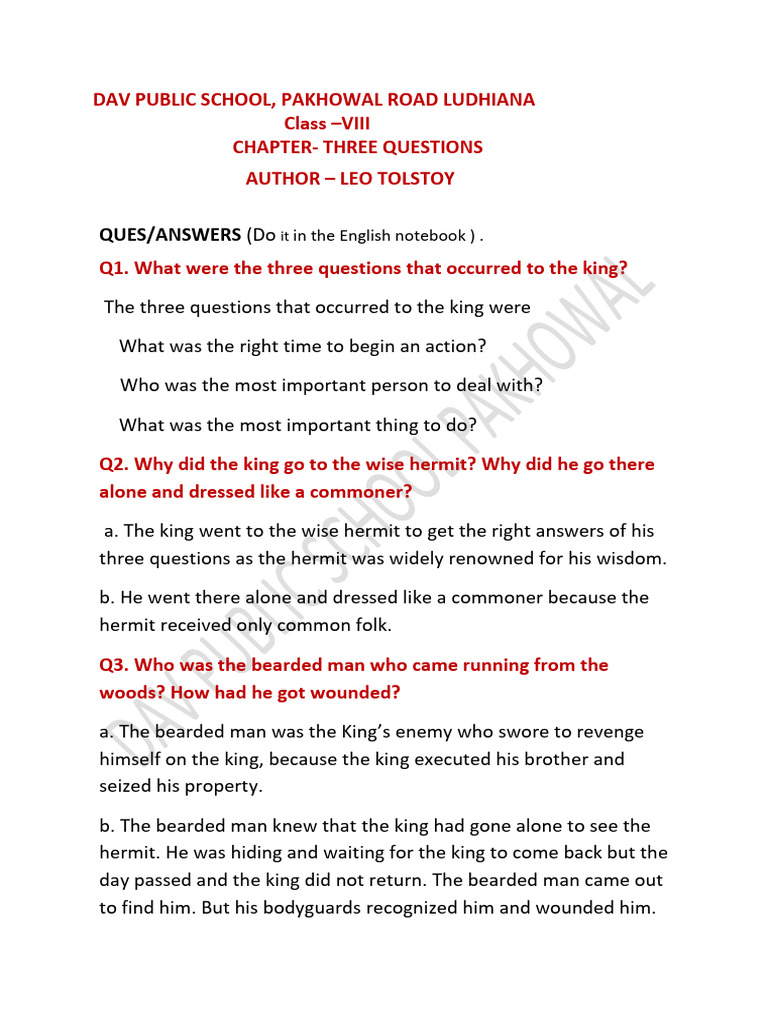 Summary of Tolstoy's "Three Questions" | PDF