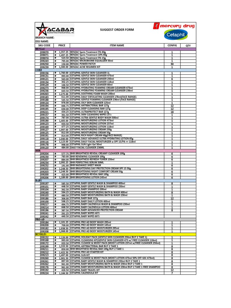 Comprehensive Skincare Order Form | PDF | Shampoo | Cosmetics