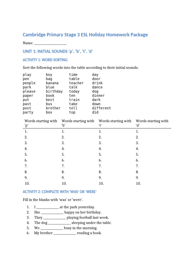 ESL Holiday Homework for Cambridge Stage 3 | PDF