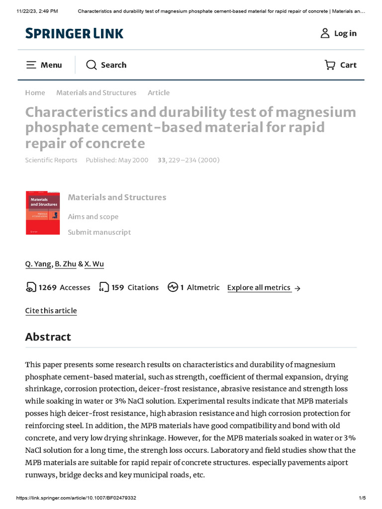 Characteristics and Durability Test of Magnesium Phosphate Cement-Based ...