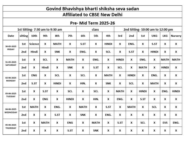 Pre-Mid Term Exam Schedule 2025-26 | PDF