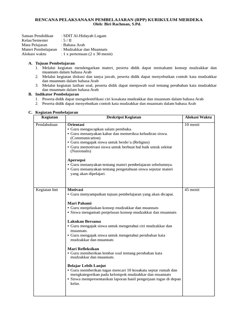 RPP Bahasa Arab Kelas 5 Semester 2 Tahun 2024 | PDF