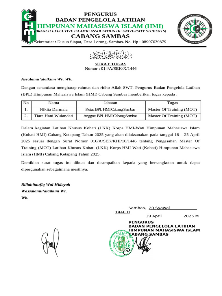 014 - Surat Tugas MOT BPL Sambas | PDF