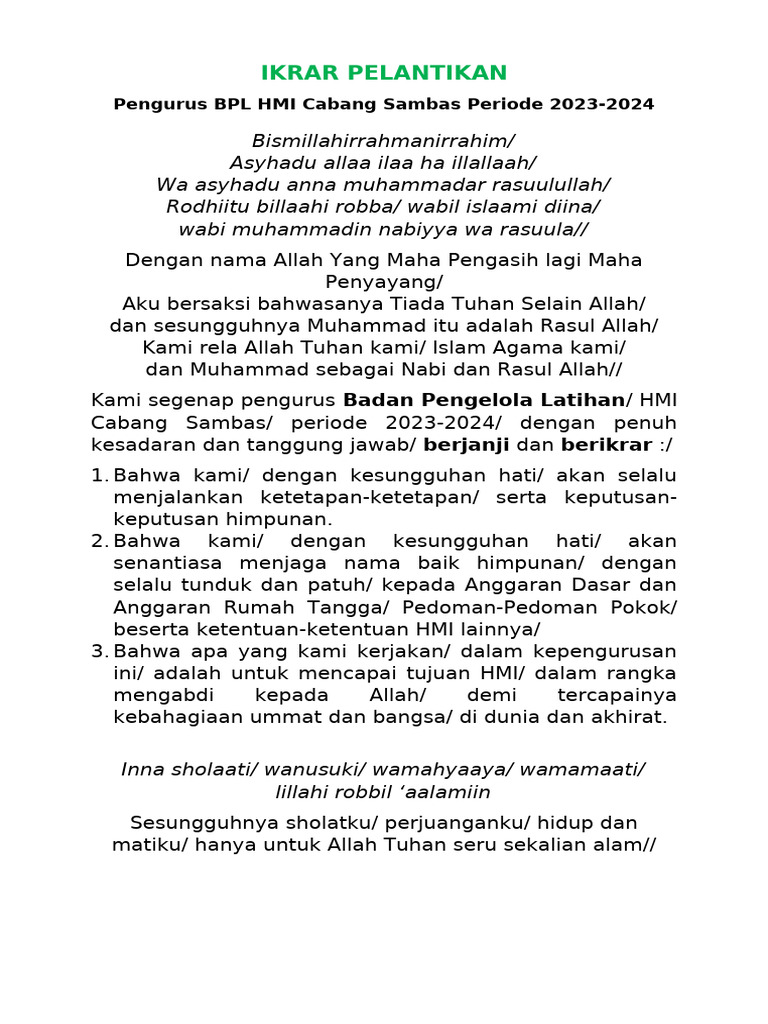 Ikrar Pelantikan BPL | PDF