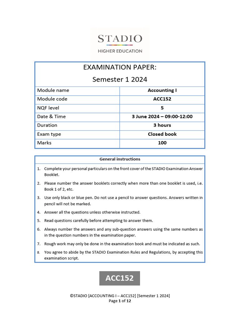 ACC152 Accounting Exam Paper 2024 | PDF | Debits And Credits | Business ...