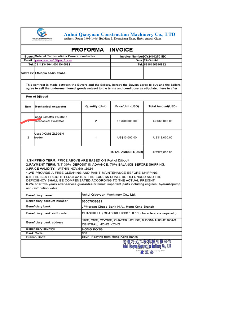 Proforma Invoice for Excavator Purchase | PDF | Business