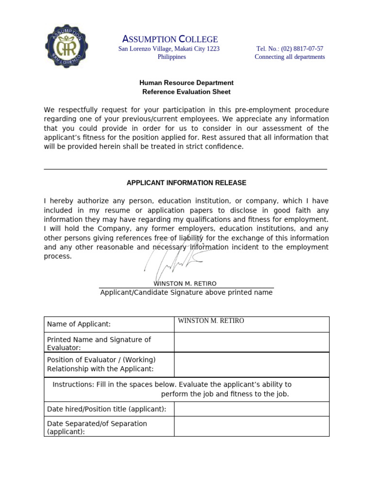AC Reference Evaluation Sheet | PDF | Business