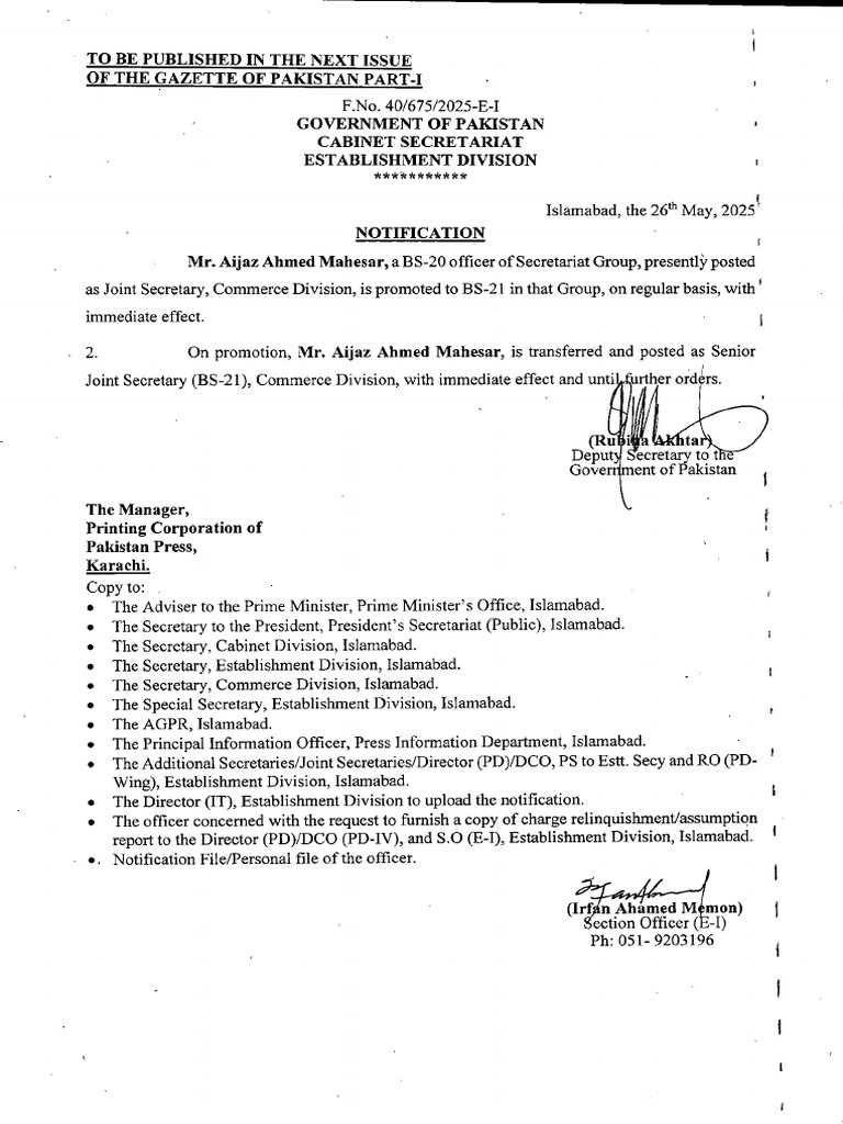 Promotion Notifications of SG BS-21 Officers | PDF | Government Of Pakistan | Islamabad
