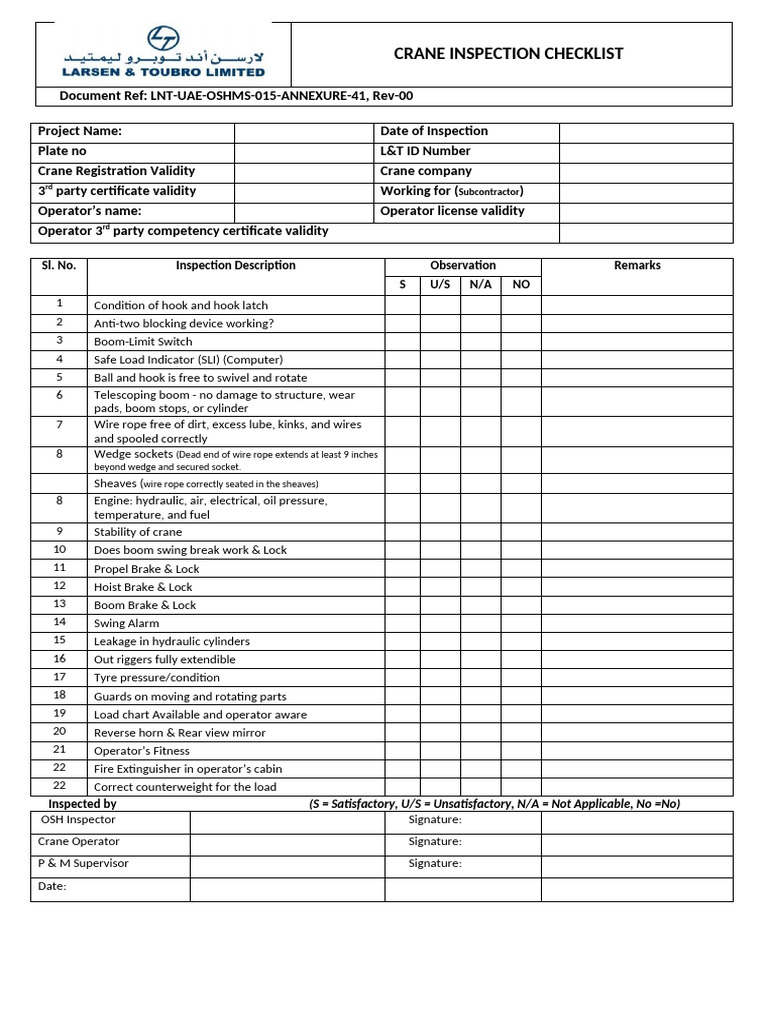 13, Crane Inspection Checklist | PDF | Crane (Machine) | Manufactured Goods