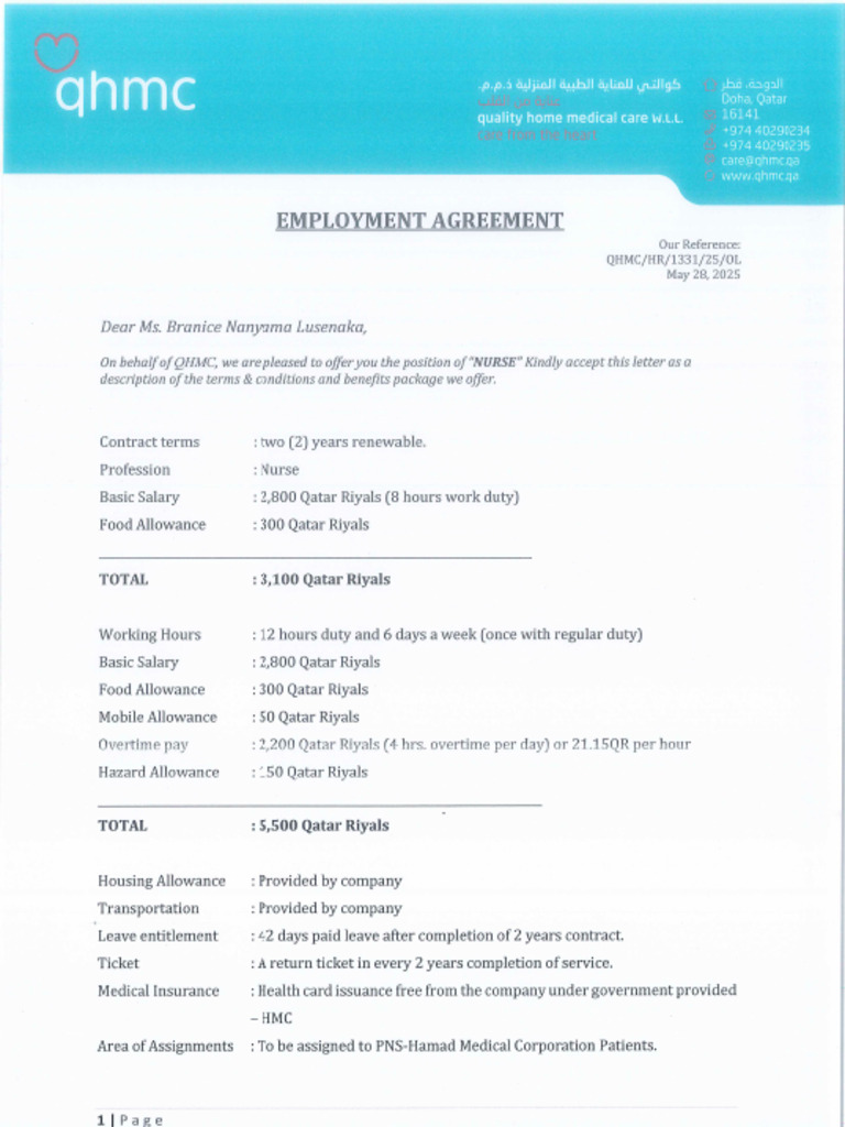 Branice Nanyama Lusenaka - Offer Letter | PDF