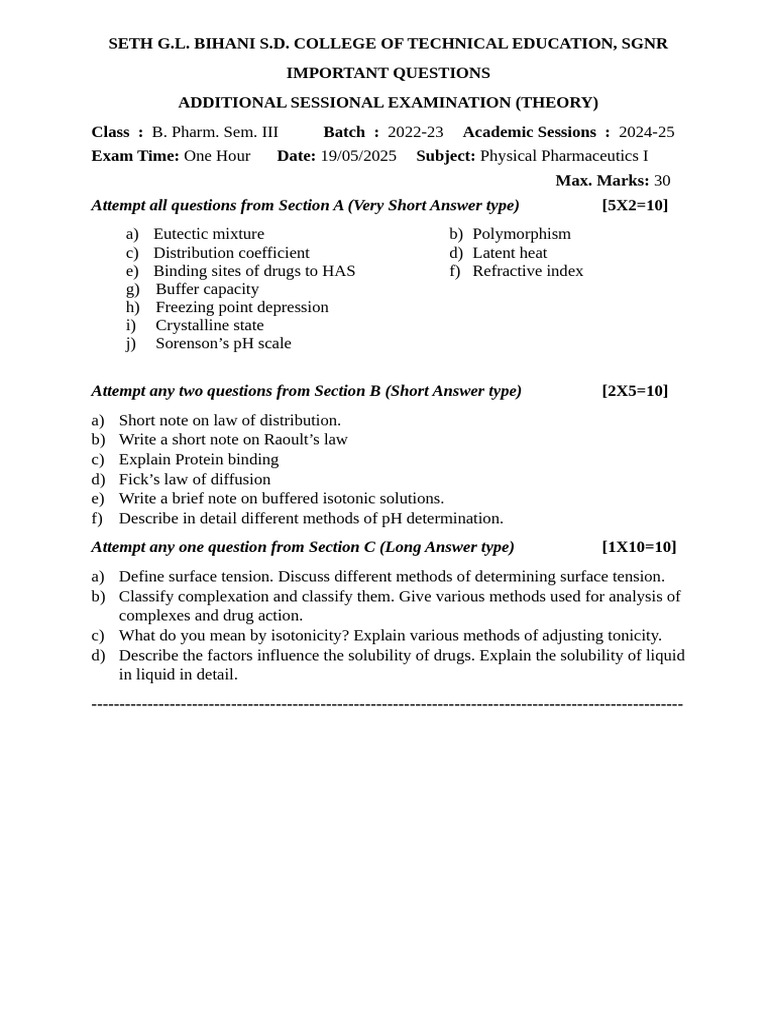 BPH 3rd Physical Pharmaceutics 1st Important Question | PDF