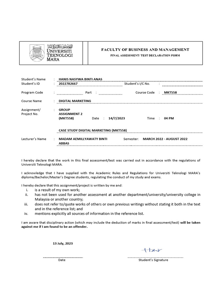 Uitm Assignments Declaration Cover | PDF