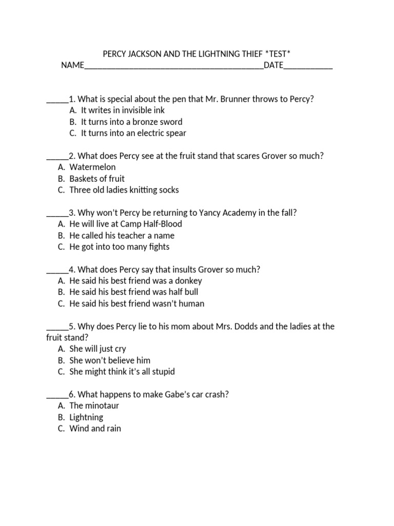 Percy Jackson Test: Key Questions | PDF