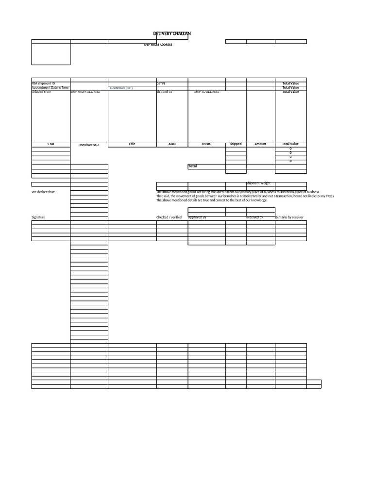 Delivery Challan Template for Stock Transfer | PDF