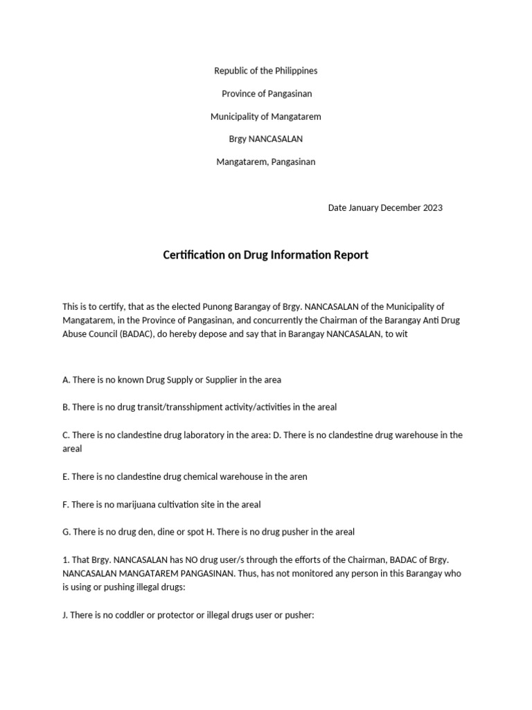 Certification On Drug Information Report | PDF | Social Aspects Of Psychoactive Drugs