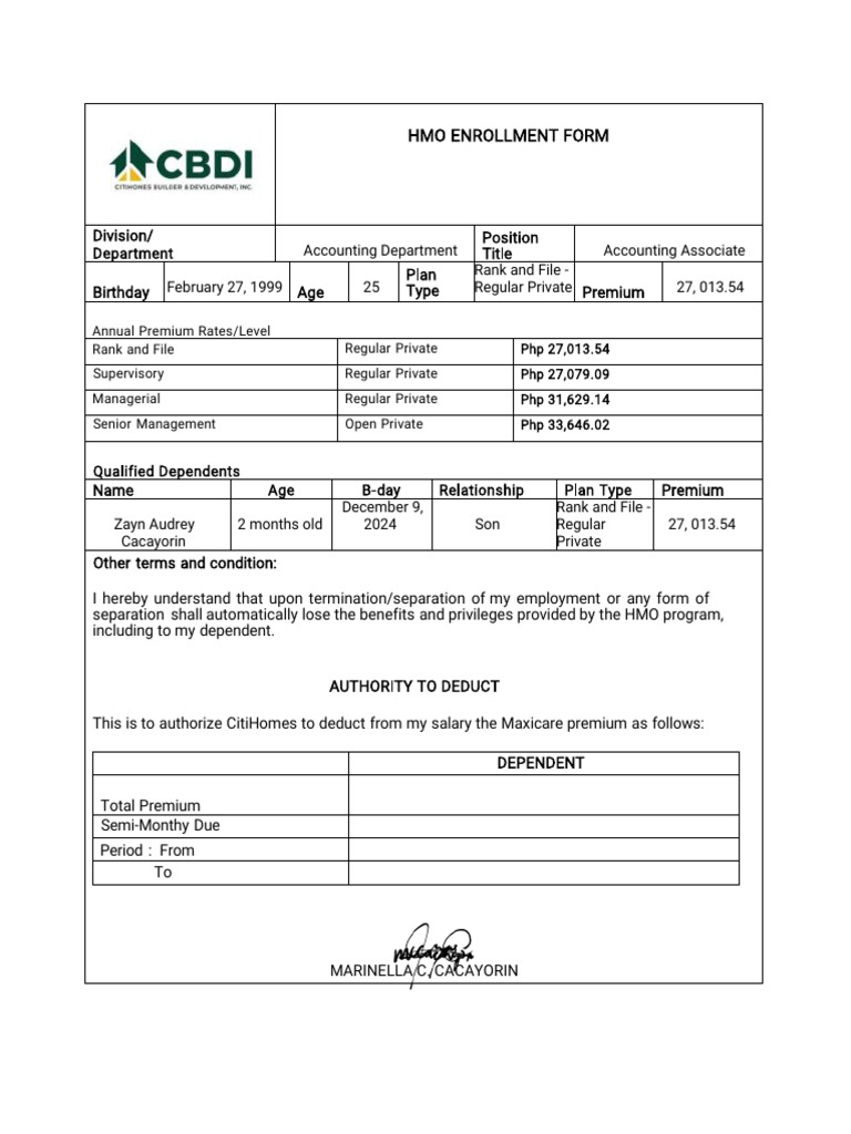 Hmo Enrollment Form - Cacayorin | PDF