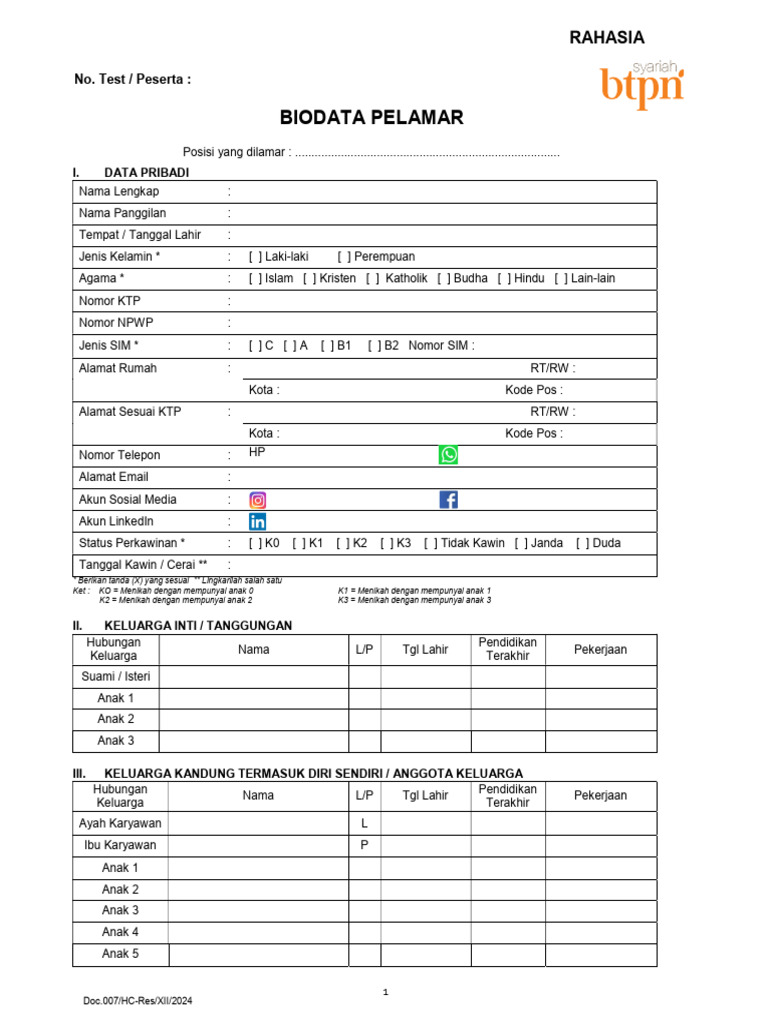 2024 - 12 - Form Biodata Pelamar (PDP) Rev | PDF