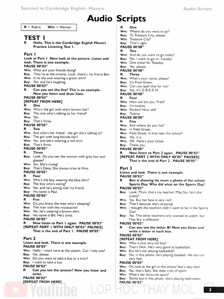 KEY - Movers 8 Complete Practice Tests SUCCEED in Cambridge English | PDF