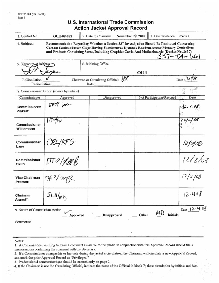 OUII-08-033 November 28,2008 Code 1: Commissioner Pinkert | PDF