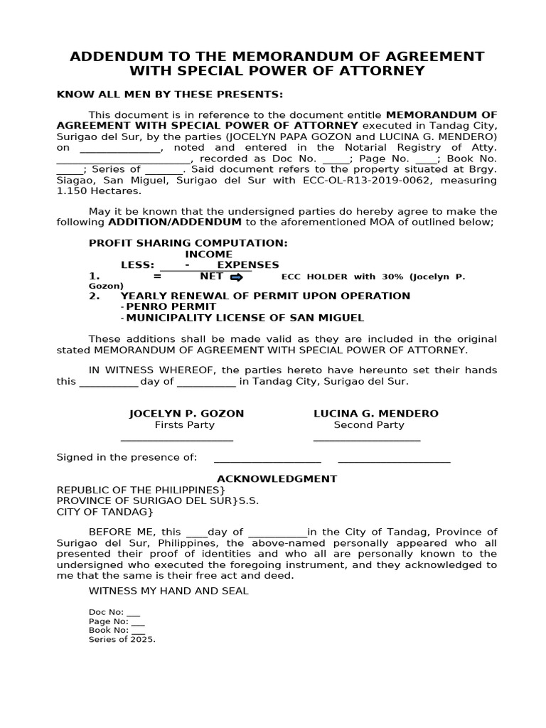 Addendum to MOA with Special Power of Attorney | PDF