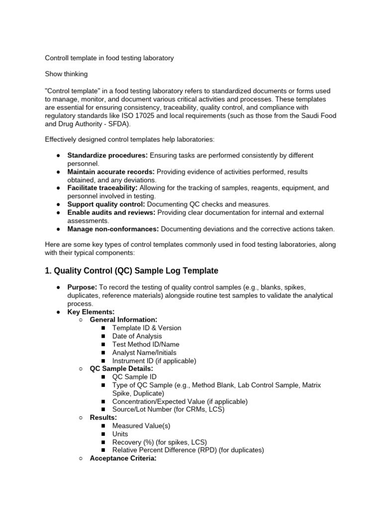 Control Templates for Food Testing Labs | PDF | Calibration ...