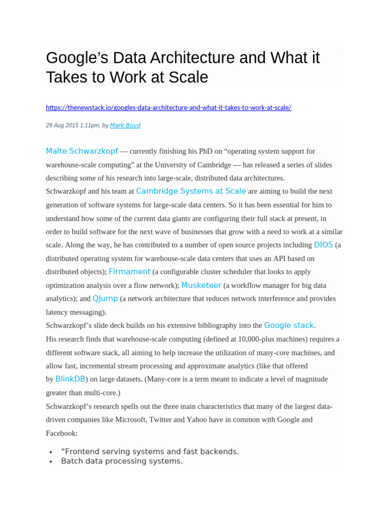 Google's Data Architecture and What It Takes To Work at Scale | PDF ...