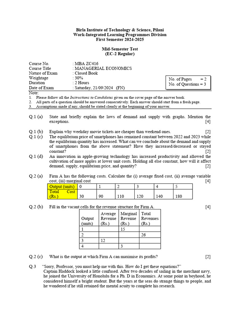 Mba ZC416 Ec-2r First Sem 2024-2025 | PDF | Supply And Demand ...
