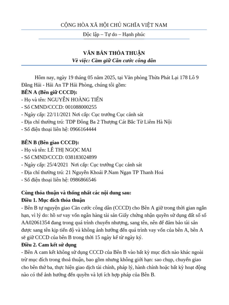 Thoa Thuan Giu CCCD | PDF