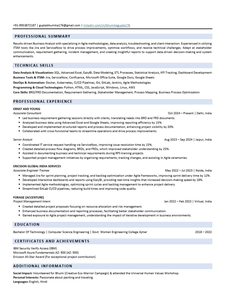 Bhumika Gupta - Business Analyst - Resume | PDF | Agile Software Development | Project Management