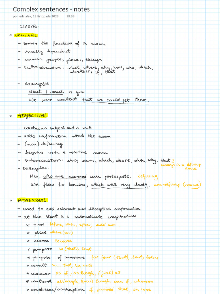 Complex sentences - notes | PDF