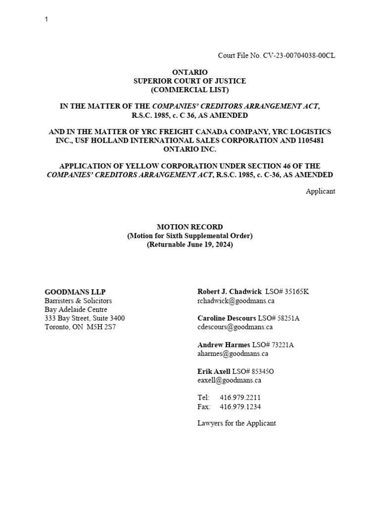 Motion Record - Applicant - Yellow Corporation - 12-JUN-2024 | PDF ...