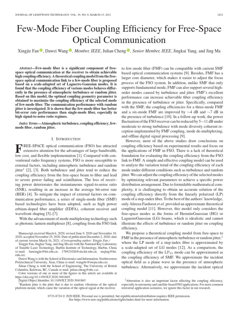 Few-Mode Fiber Coupling Efficiency For Free-Space Optical Communication ...