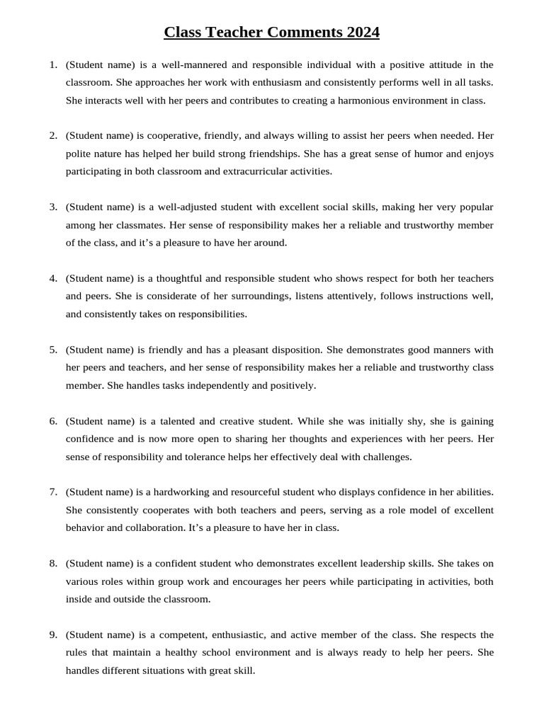 Class Teacher Comments 2024 | PDF | Teachers | Classroom