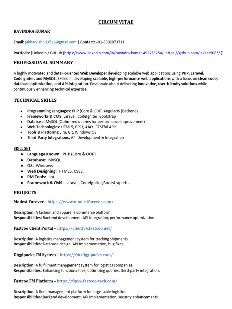 RAVINDRA JAKHAR UPDATED CV | PDF | Databases | Web Application