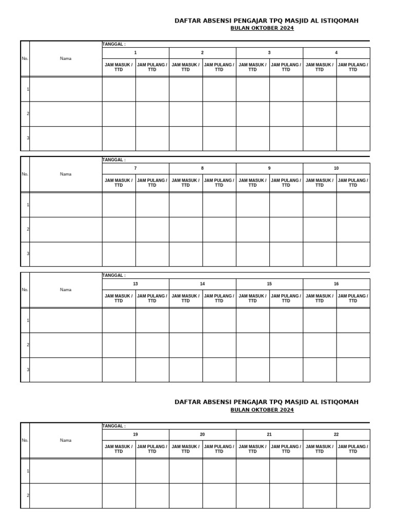 Format Absensi Guru Excel Ori | PDF