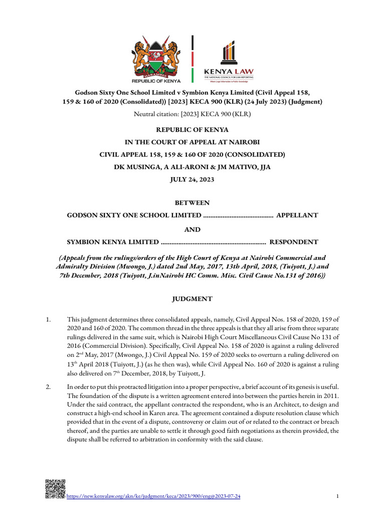 Godson Sixty One School Limited V Symbion Kenya Limited (Civil Appeal ...