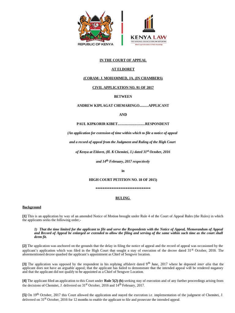 Andrew Kiplagat Chemaringo V Paul Kipkorir Kibet 2018KECA701 (KLR) | PDF | Judgment (Law) | Appeal