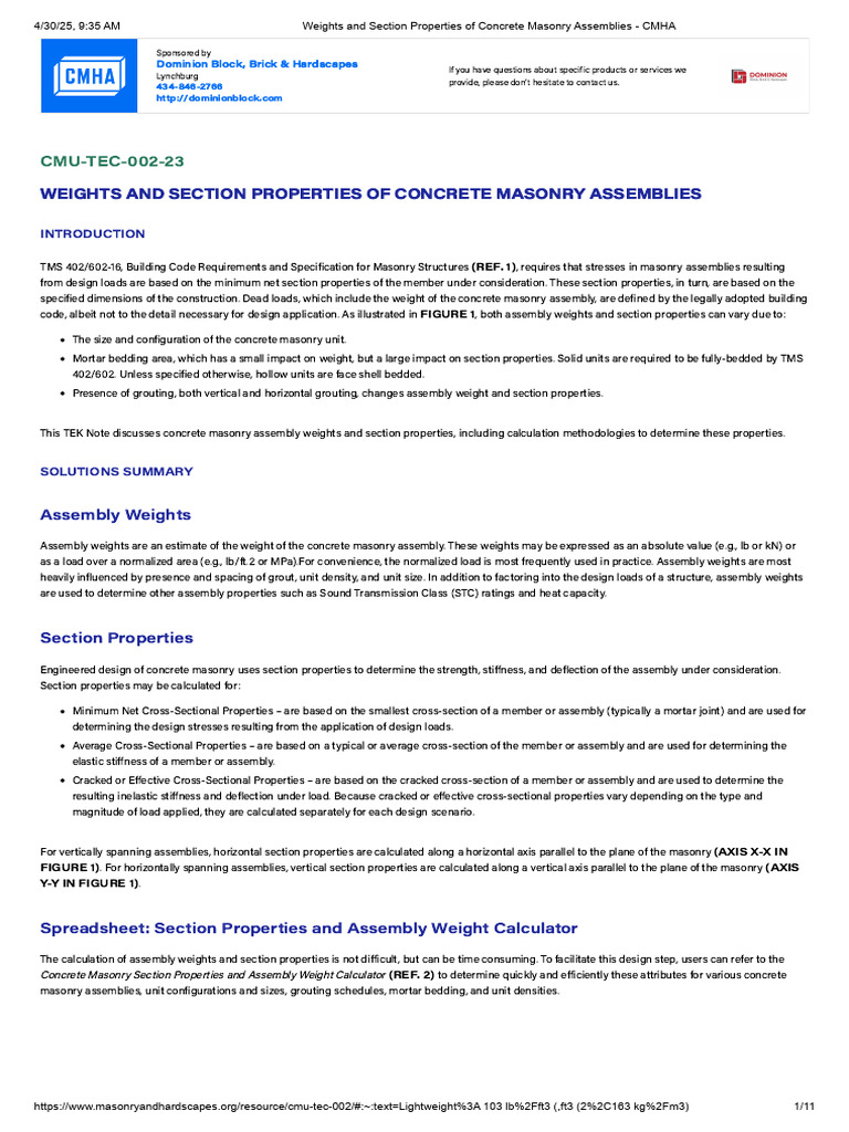 Concrete Mansonry Unit (CMU) Weights and Section Properties | PDF ...