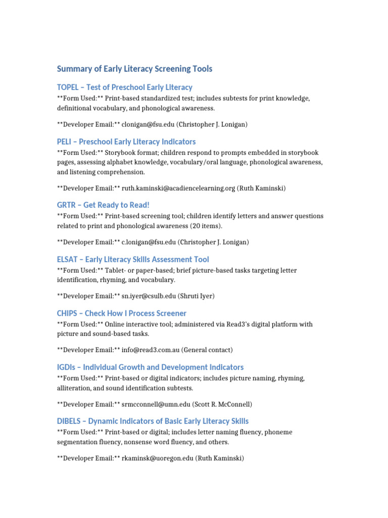 Early Literacy Tools Summary | PDF