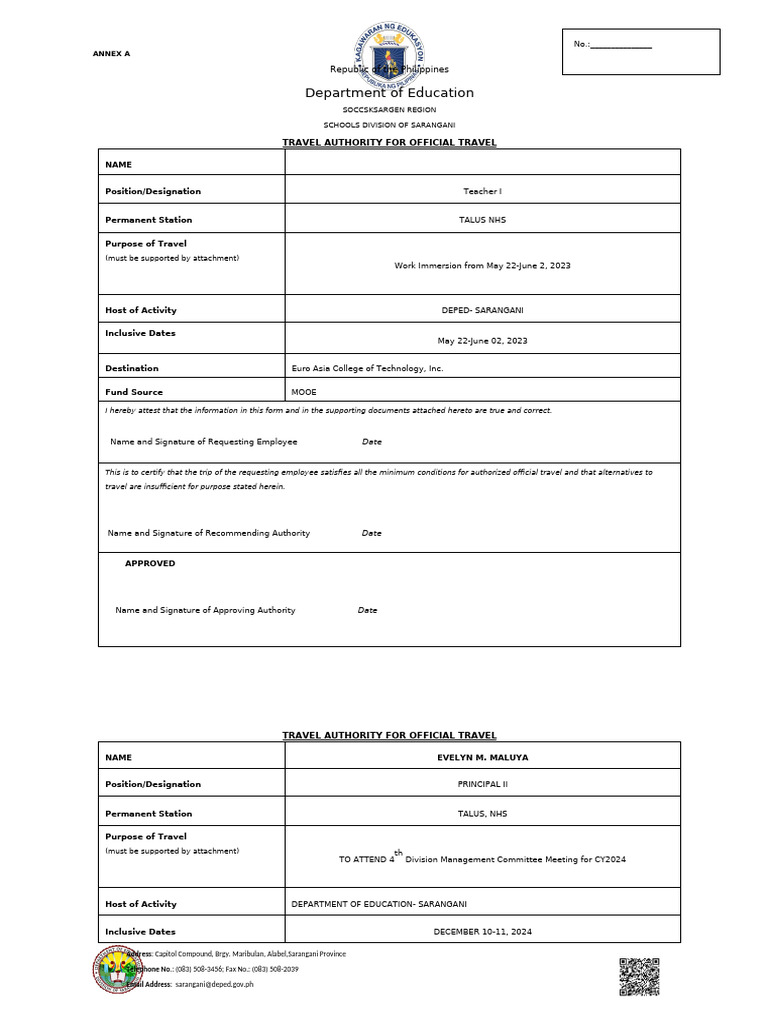 Authority To Travel. New FORM | PDF | Government