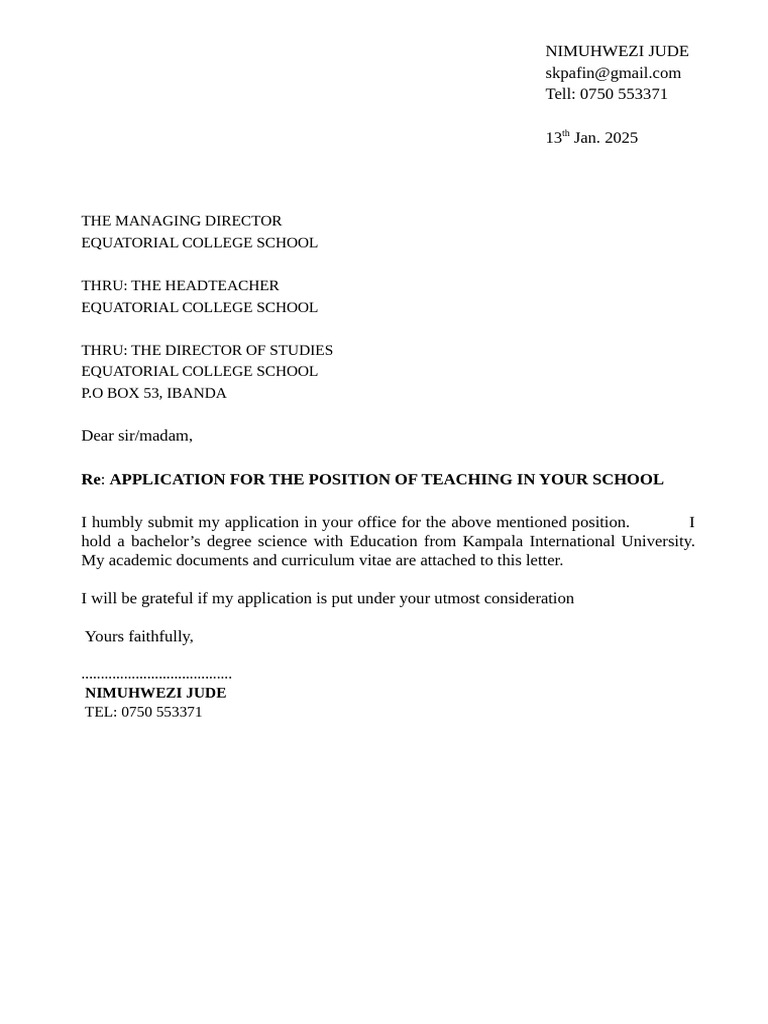 Teaching Position Application Letter | PDF