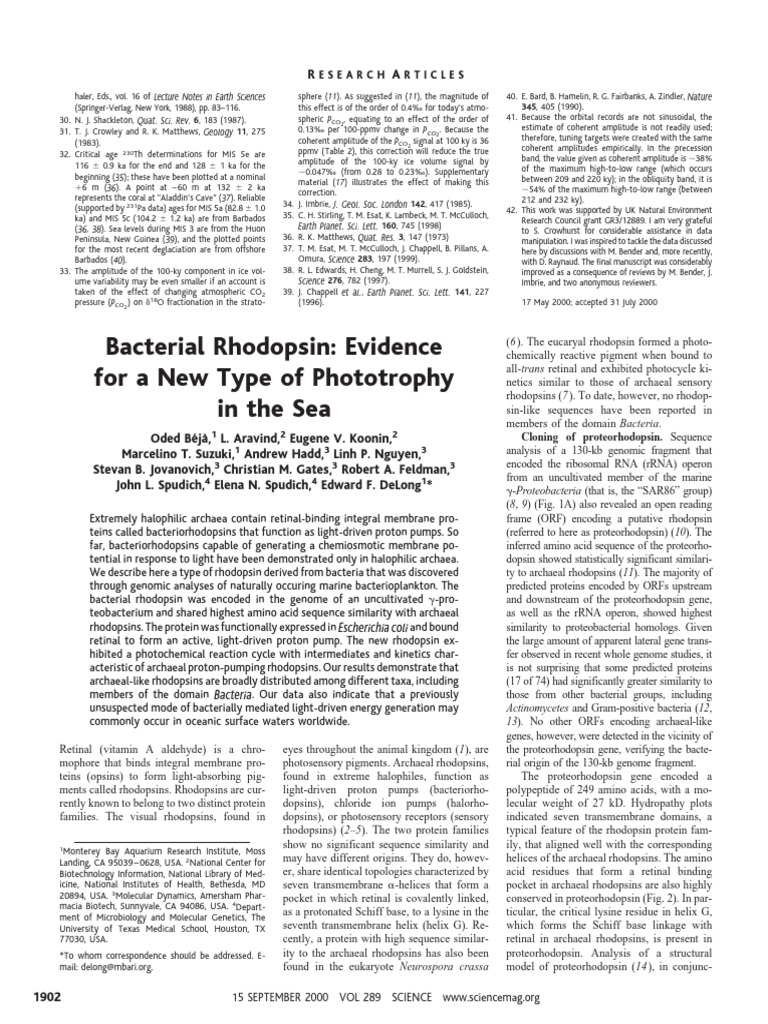 Bacterial Rhodopsin Evidence For A New Type of Phototrophy in The Sea ...