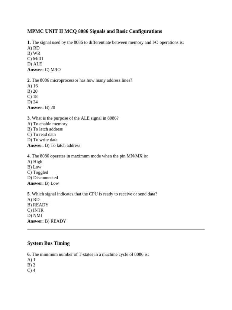 MPMC UNIT II MCQ 8086 Signals and Basic Configurations | PDF | Input/Output | Computer Hardware