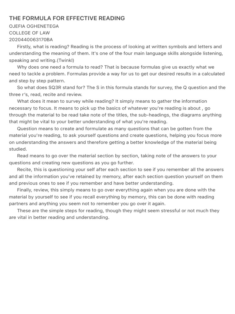 The Formula For Effective Reading | PDF