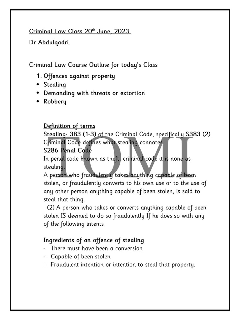 Offences Against Property - Criminal Law Class 20th June, 2023 | PDF