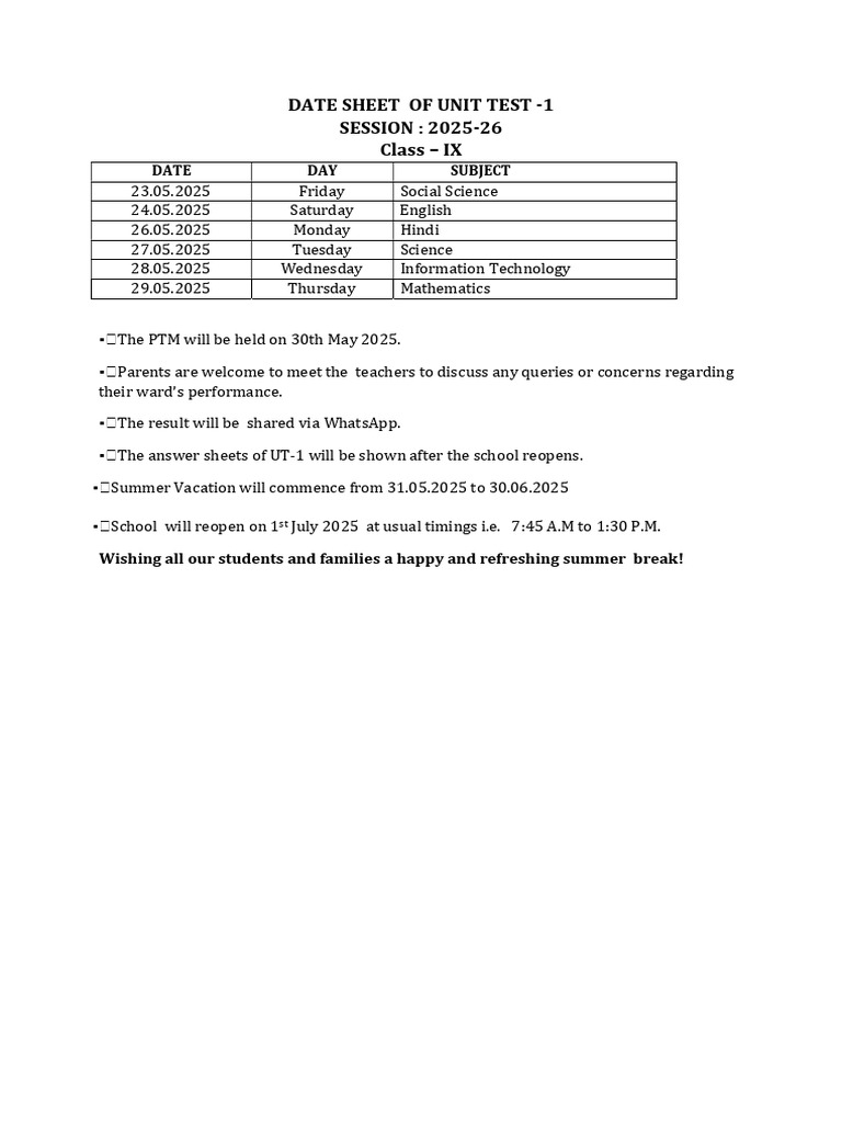 Class Ix Unit Test 1 Date Sheet 2025 Pdf